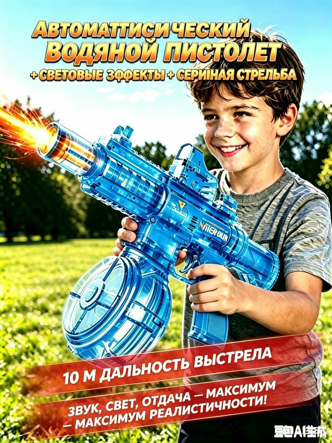 Электрический ультразвуковой водяной пистолет, автоматическое управление, от батареи, дальность действия до 10 метров, резервуар для воды 500 мл, синий.