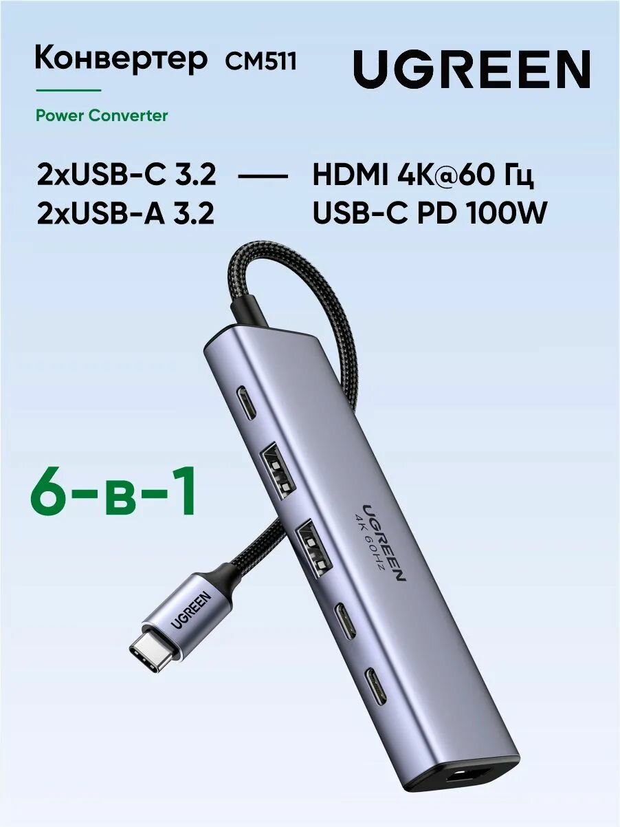 Конвертер UGREEN CM511 (35999) USB-C to HDMI+2*USB-A 3.2+2*USB 3.2 C+PD Power Converter, серый