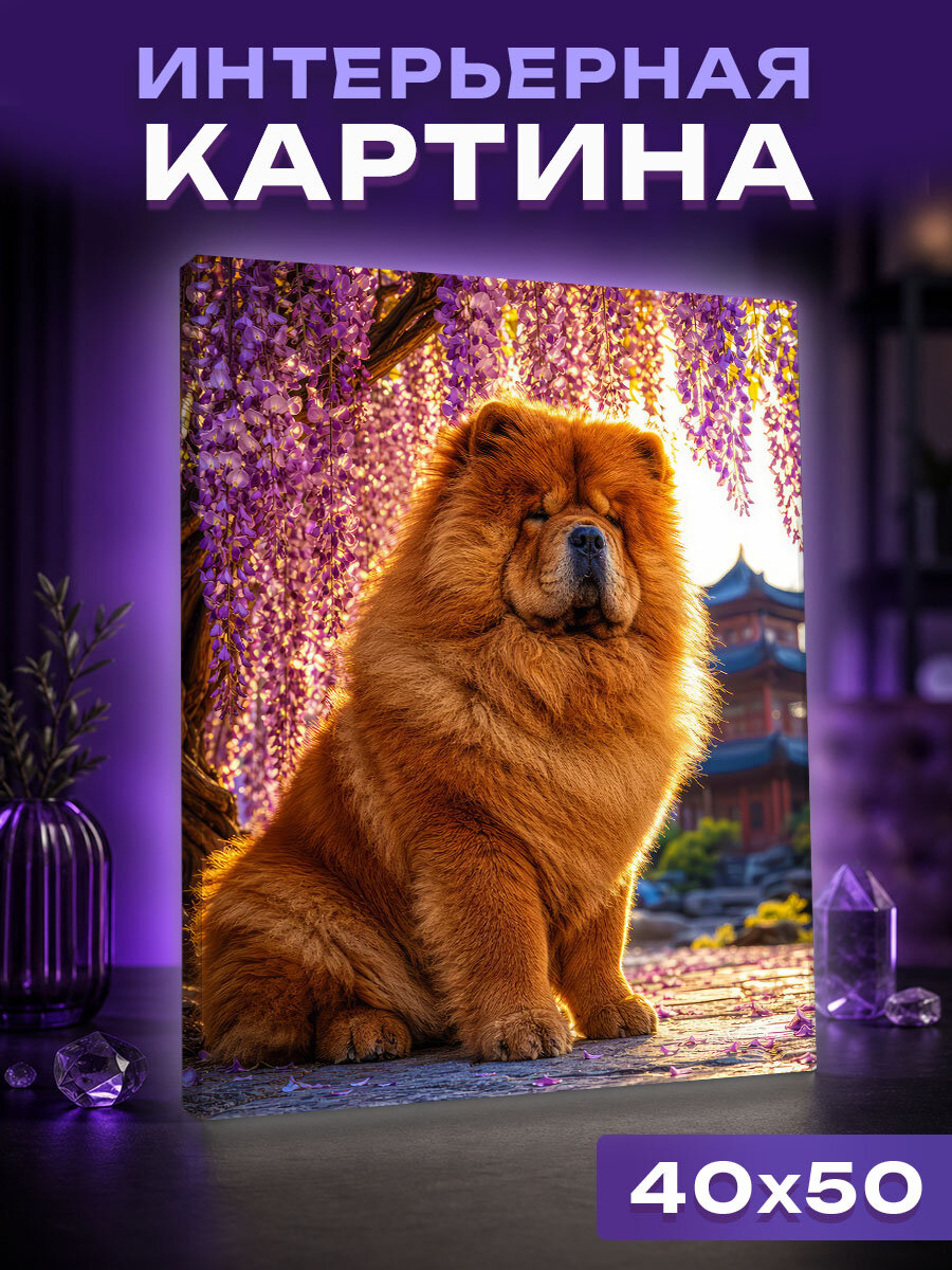 Интерьерная картина рыжий чау-чау под фиолетовой глицинией