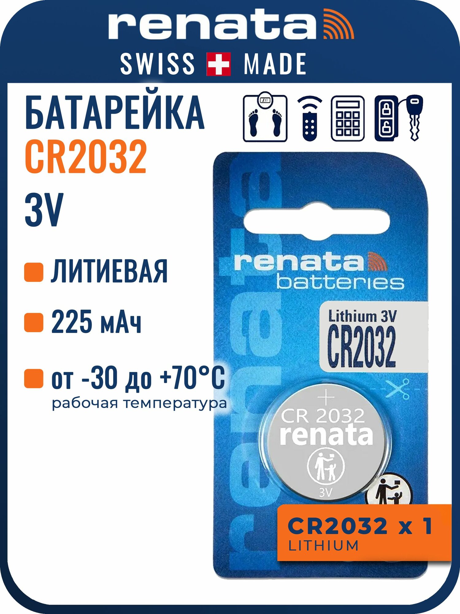 Renara Батарейка CR2032 3V Lithium, 1 шт