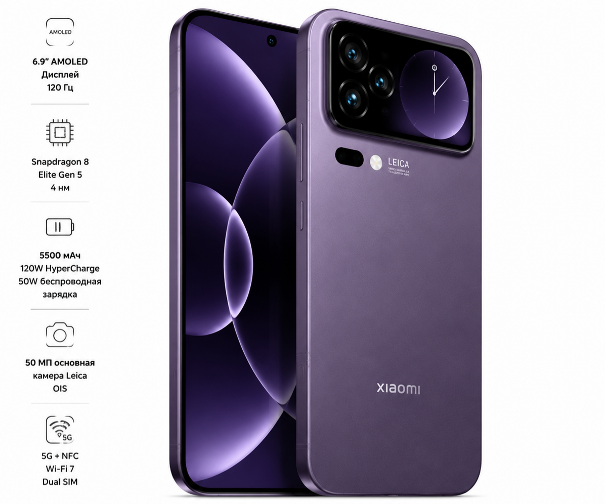 Xiaomi 17 Pro Max(12GB+512GB)Qualcomm SM8850-AC Snapdragon 8 Elite Gen 5 (3 nm) ждународная версия 5G+4G LTEфиолетовый