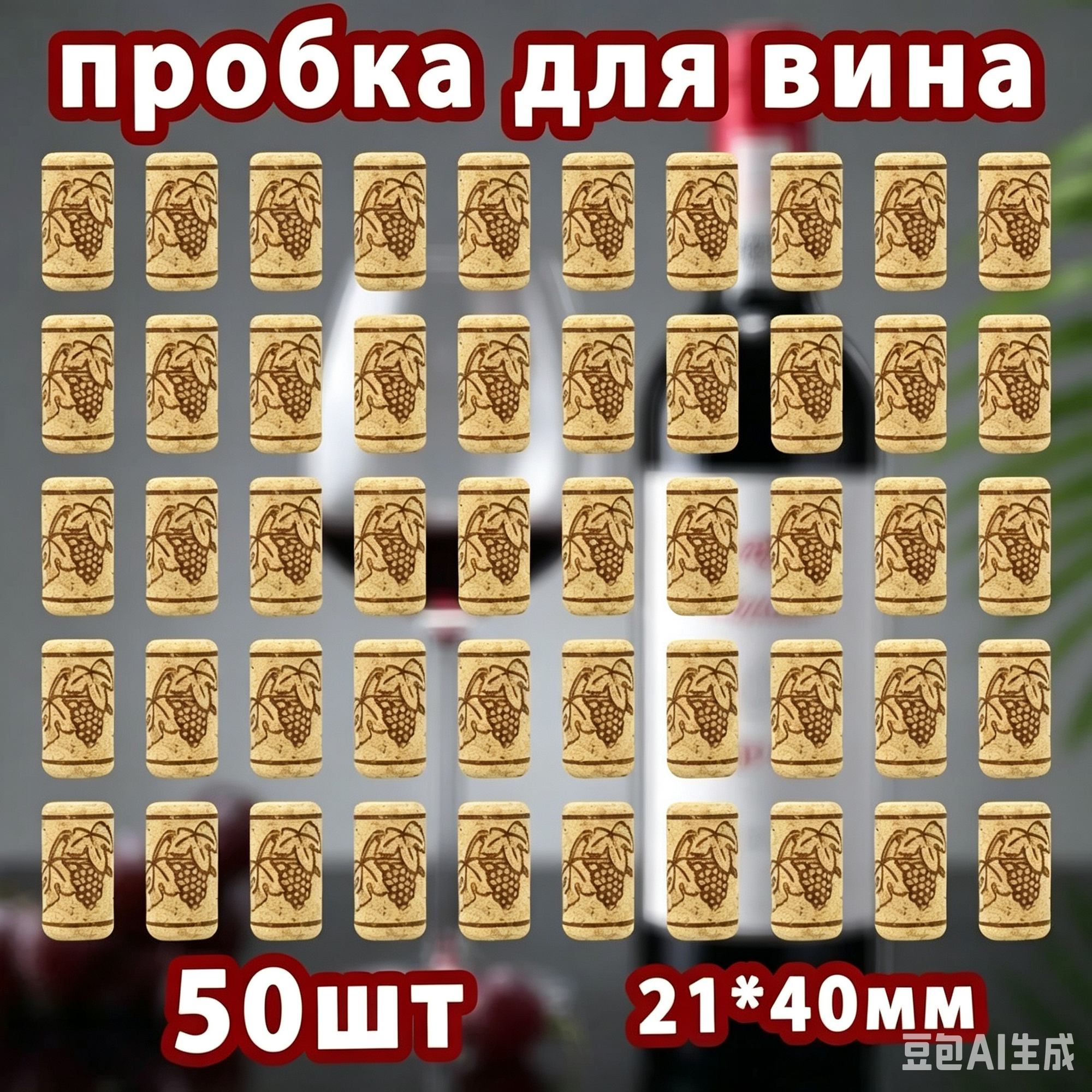 Пробки натуральные для винных бутылок 21*40 мм, набор 50 штук с гравировкой виноград, аксессуар для домашнего виноделия