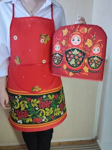 Набор 2 предмета, Грелка на чайник и Фартук для кухни "матрёшка, хохлома", комплект.
