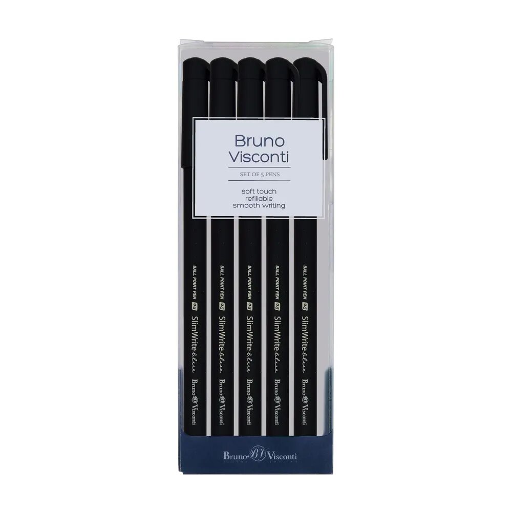 Набор ручек шариковых синих BrunoVisconti "SlimWrite. BLACK" 0.5 мм, 5 шт, Soft Touch / ручки шариковые синие тонкие
