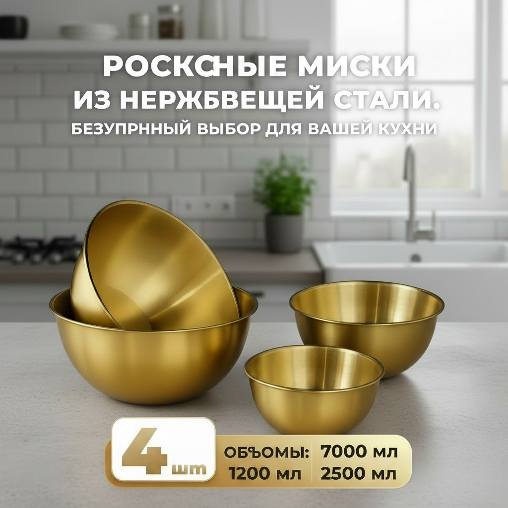 Набор мисок Shiny Kitchen 2.5 л 4 шт золотого цвета