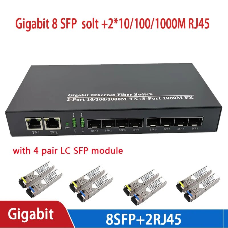 Gigabit Коммутатор 8 SFP + 2 RJ45 с 4 LC SFP модулями