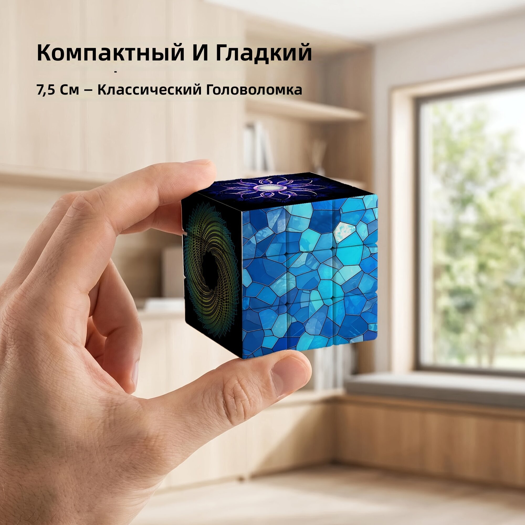 Скоростной кубик-головоломка 3x3, антистресс, синий с узором цветочная мандала, мозаичный завиток, сияющий звездный геометрический спиральный стиль, размер 2.76x2.76x2.76 дюйма