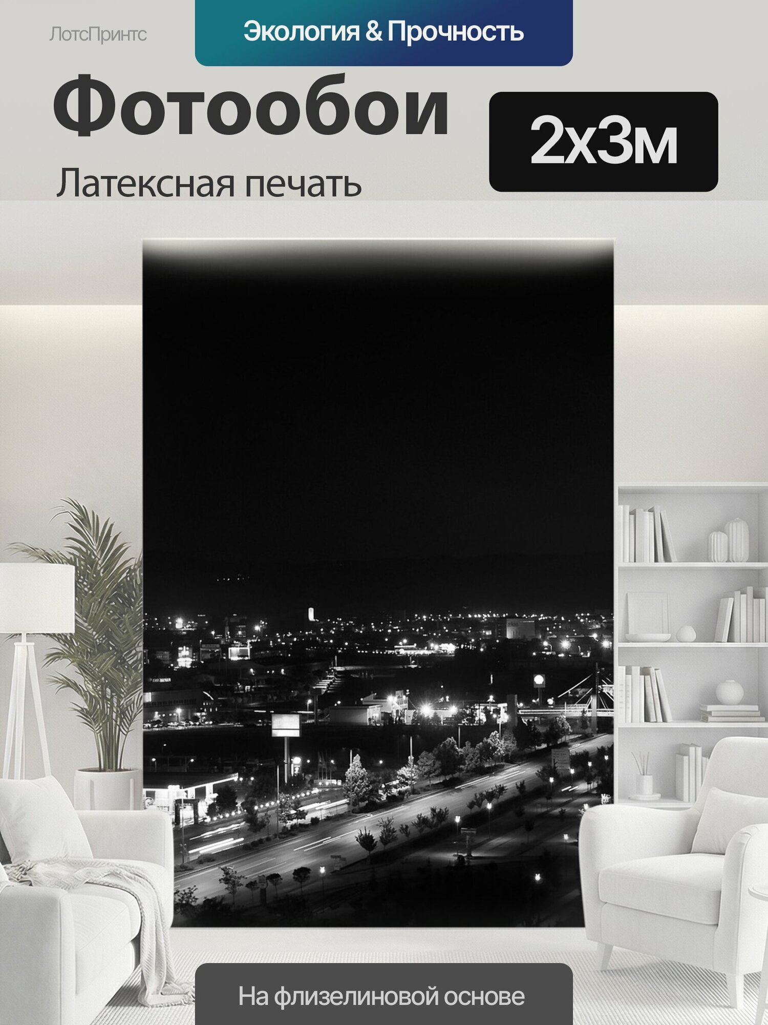 Фотообои моющиеся ударопрочные "Ночь, посмотреть, черно-белый" 200x300 см. латексная печать