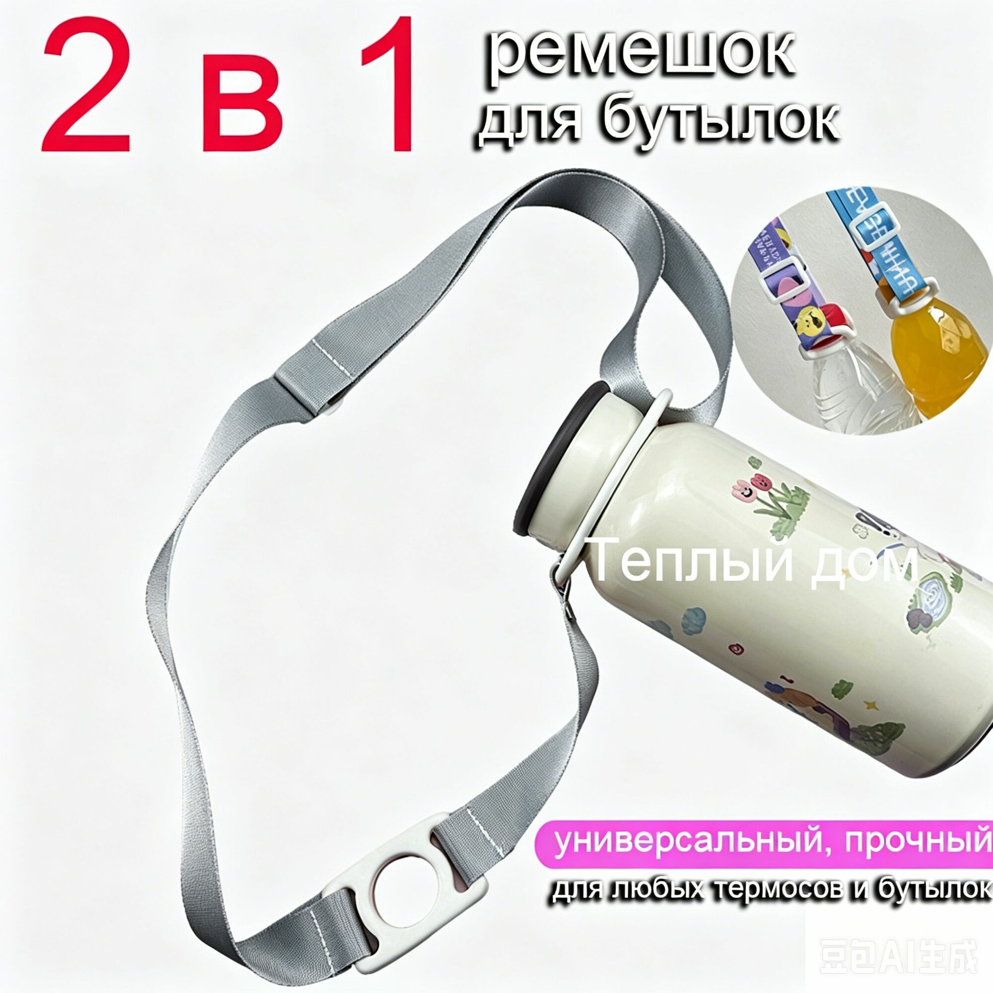 Универсальный ременьдержатель для бутылок 2 в 1 серого цвета, регулируемый плечевой ремень для термосов и бутылок, для походов и путешествий через плечо походный туристический