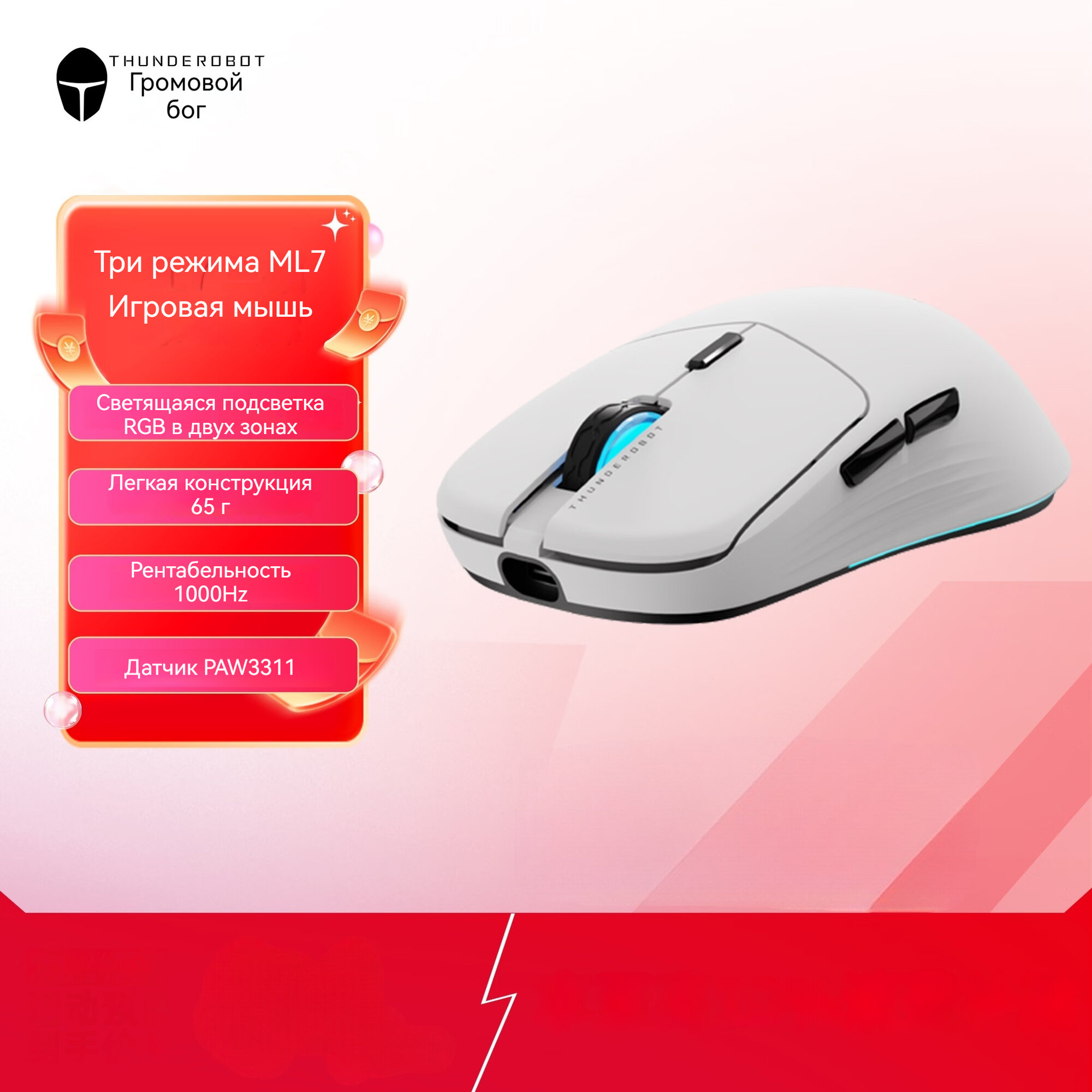 ThundeRobot ML7 65g Легкая игровая мышь, проводная / 2,4 G / Bluetooth, трехрежимное подключение, DPI12000/IPS300