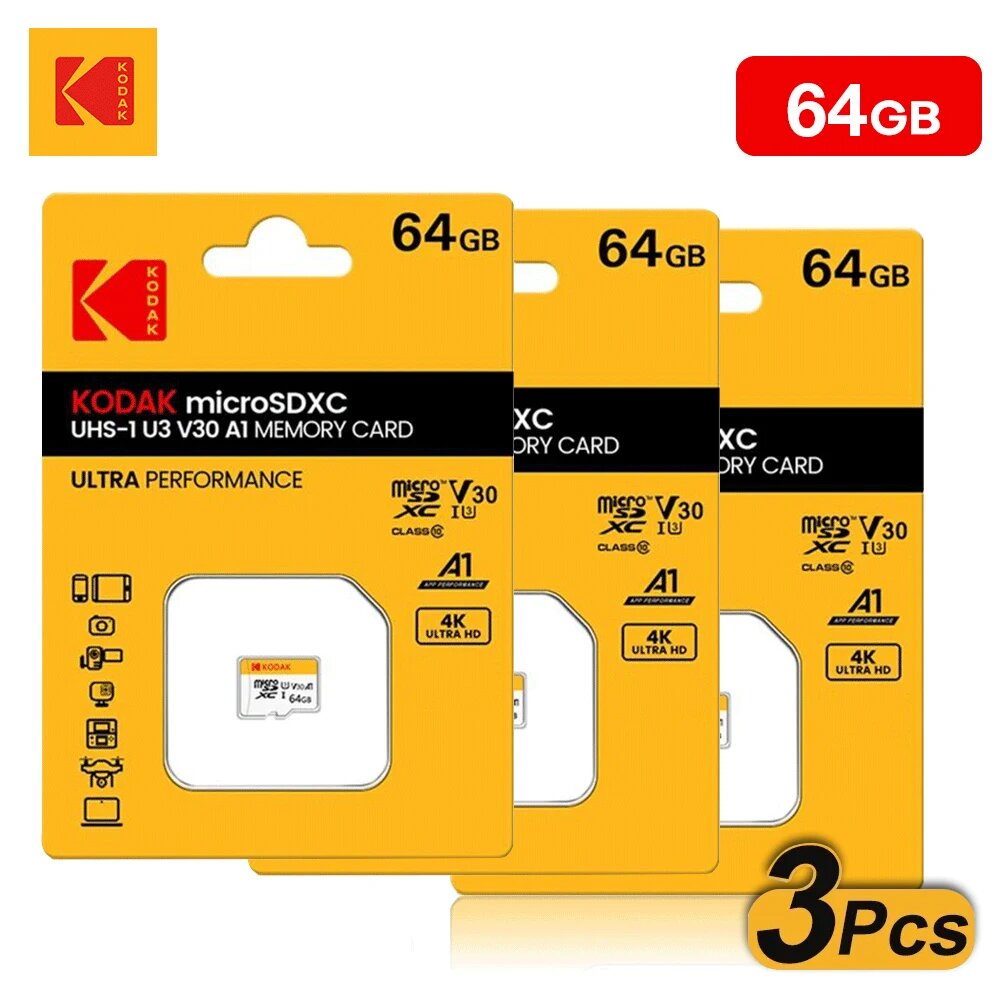 Карта памяти Kodak Micro SD U3 128/256 ГБ 64GB 3pcs