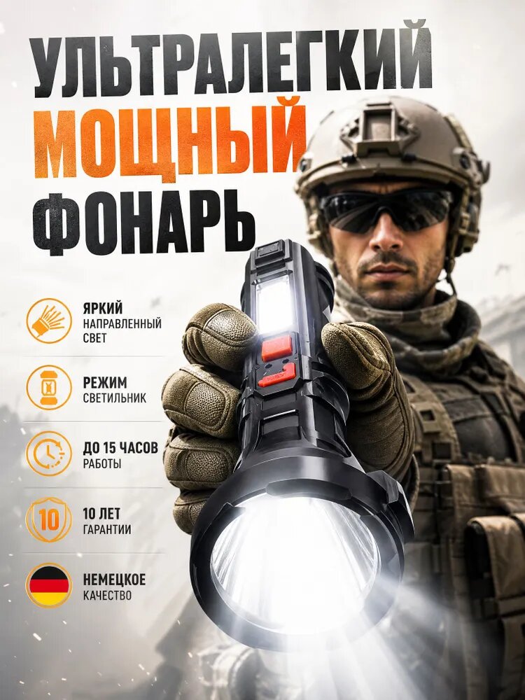 Фонарь ручной аккумуляторный, мощный фонарик ультра легкий