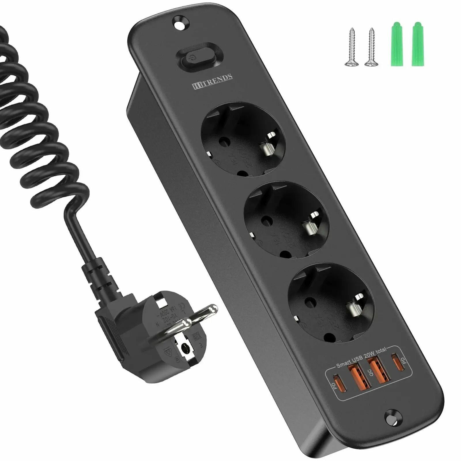 HITRENDS Встраиваемая розетка с USB и Тип-C PD 20W, 3 евророзетки, двойной кабель 1.5 мм