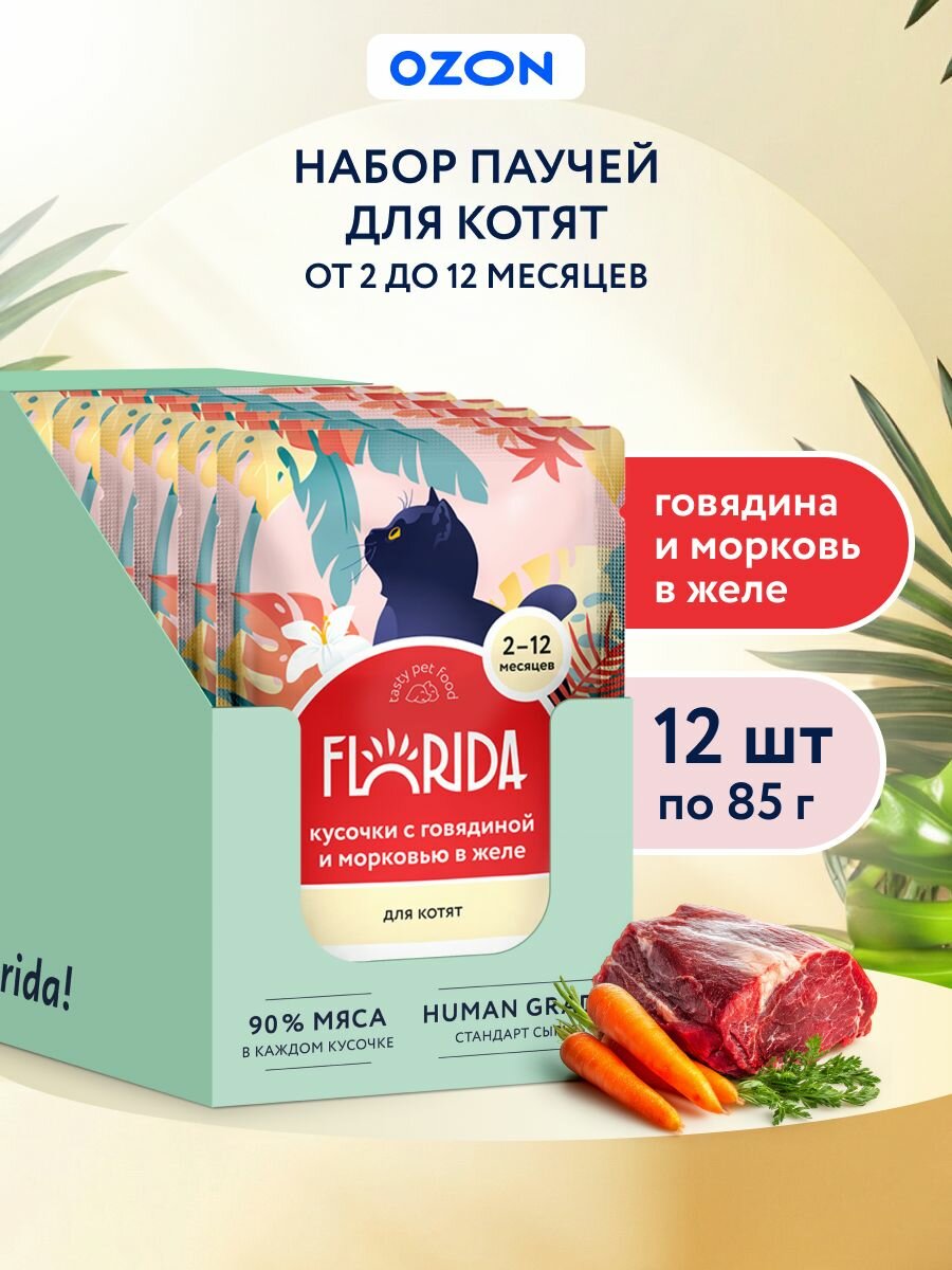 FLORIDA Паучи для котят: кусочки с говядиной и морковью в желе, 12 шт по 85 гр