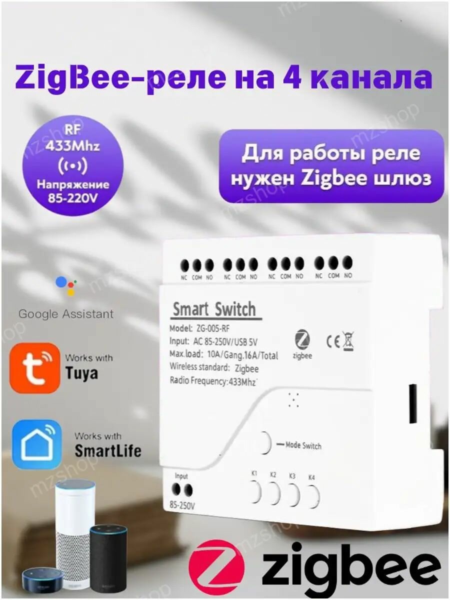 Премиумреле 4канальное Tuya на Zigbee 3.0, работающее от AC85250V и RF 433.92 МГц, совместимое с Amazon Alexa и Google Home.