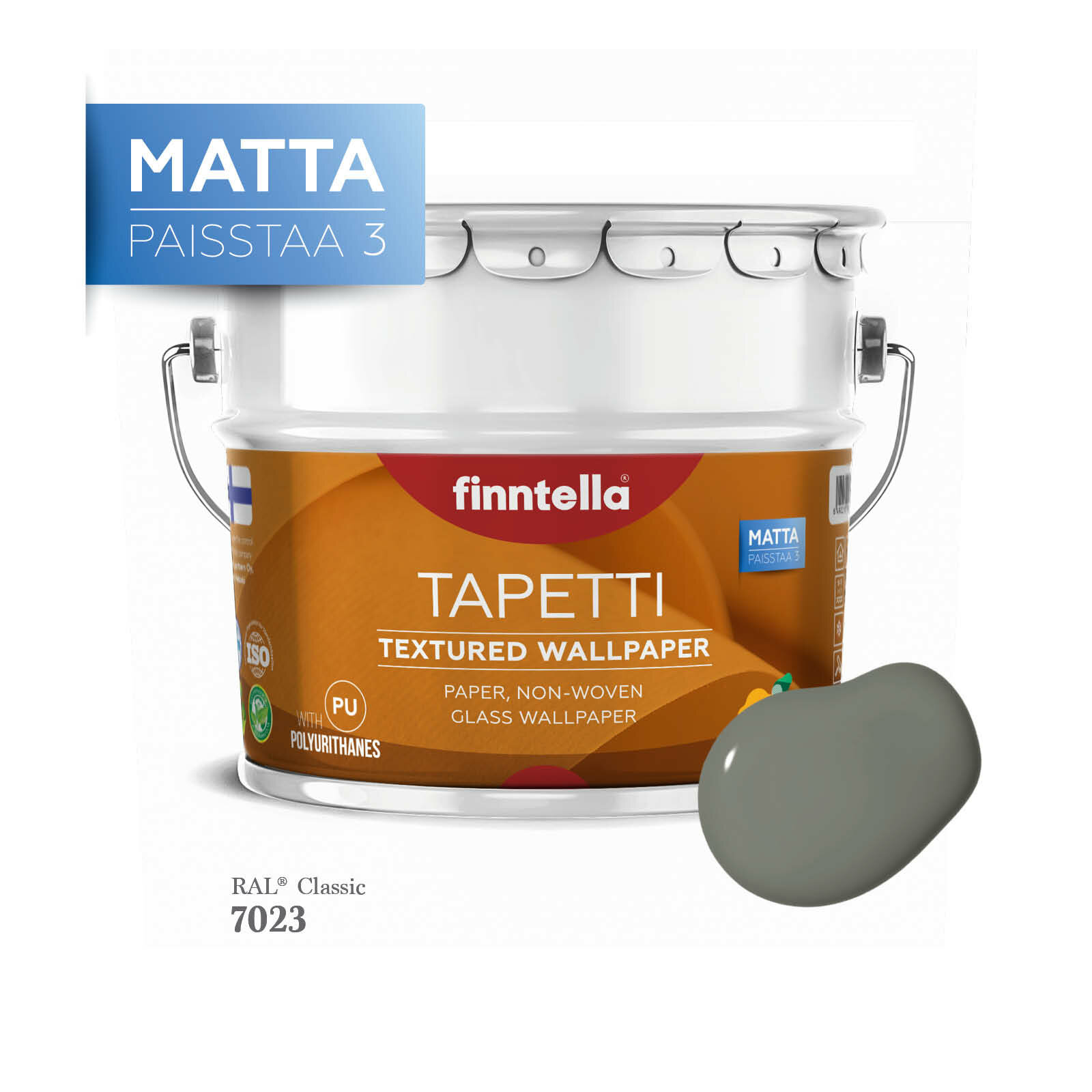 Матовая краска для обоев под окраску TAPETTI Matta FINNTELLA, Цвет RAL 7023 Серый бетон (Concrete grey), 9л