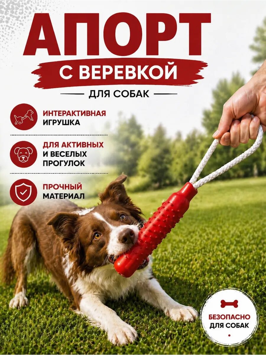 Игрушка для собак WOGY Апорт с верёвкой, 30 см, для любых пород