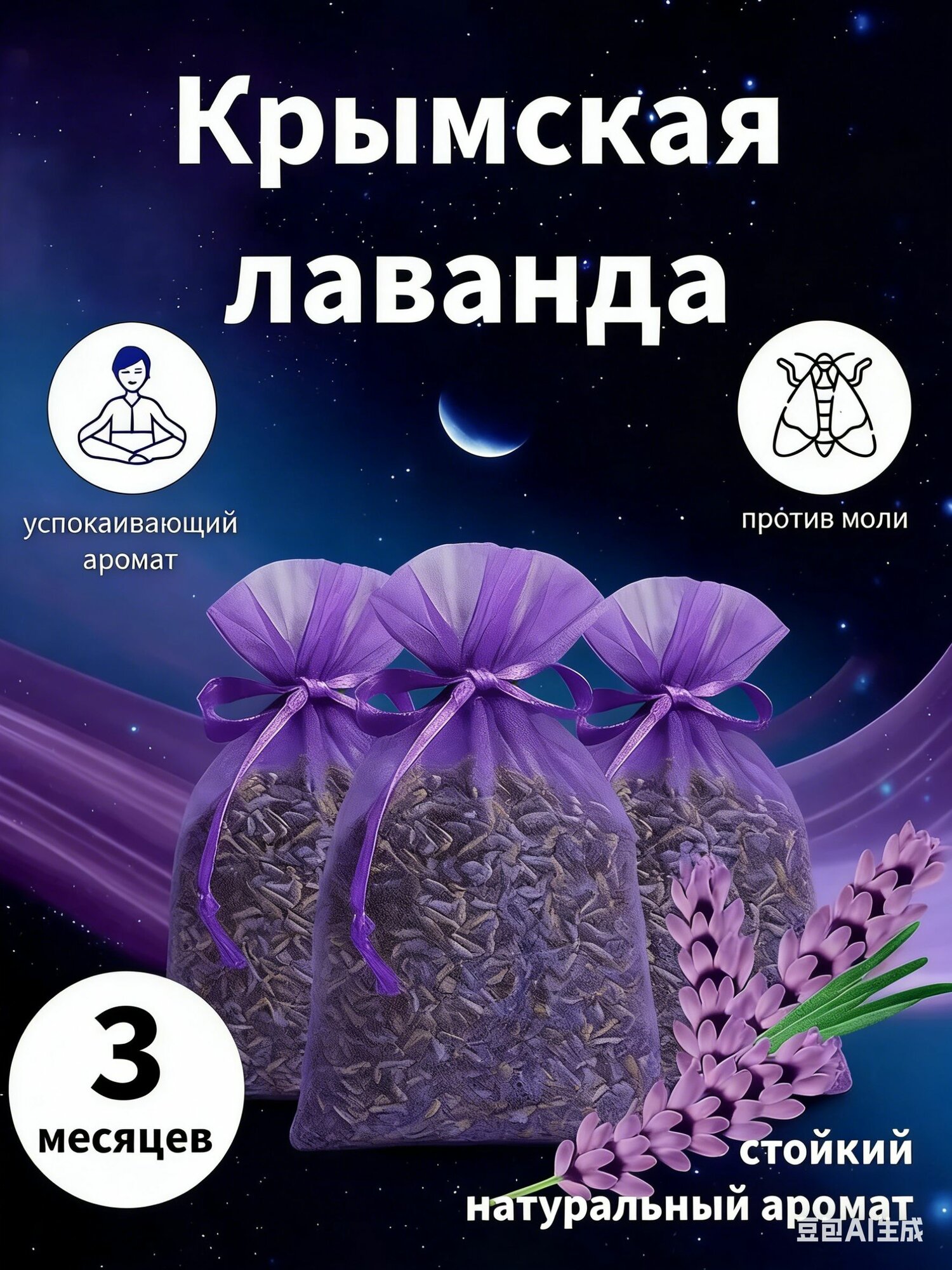 Ароматическое саше Лаванда сухоцвет от моли 3 мешочка для шкафа для комода