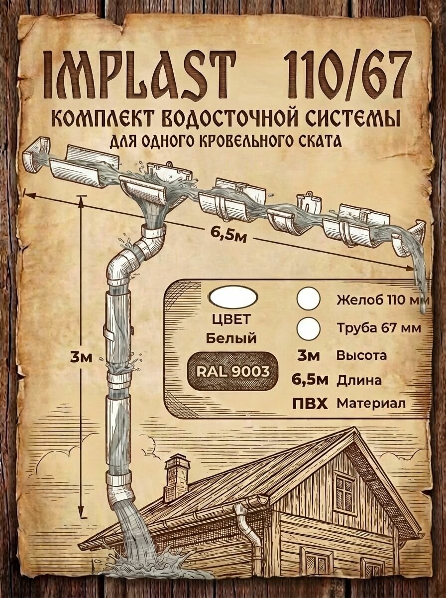 Готовый комплект (набор) водосточной системы U110/67, на 6,5 метров, белый