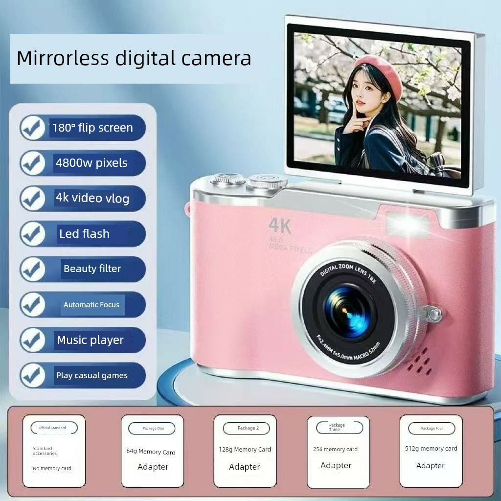 Цифровая камера C7 с поворотным экраном 180°, фильтром красоты, записью 4K и картой памяти 128 ГБ, розовый