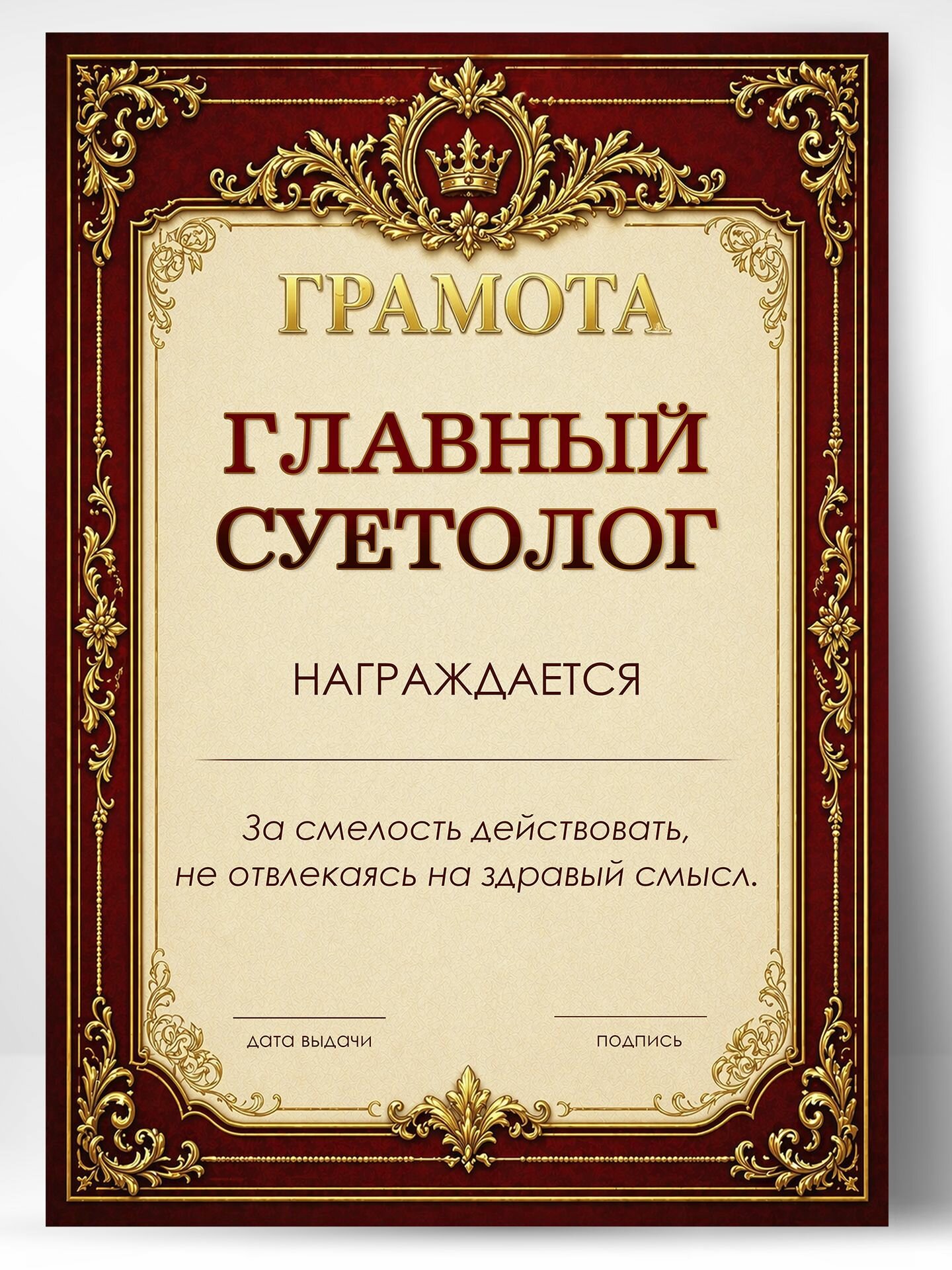 Юмористический диплом суетолог прикольная грамота А4