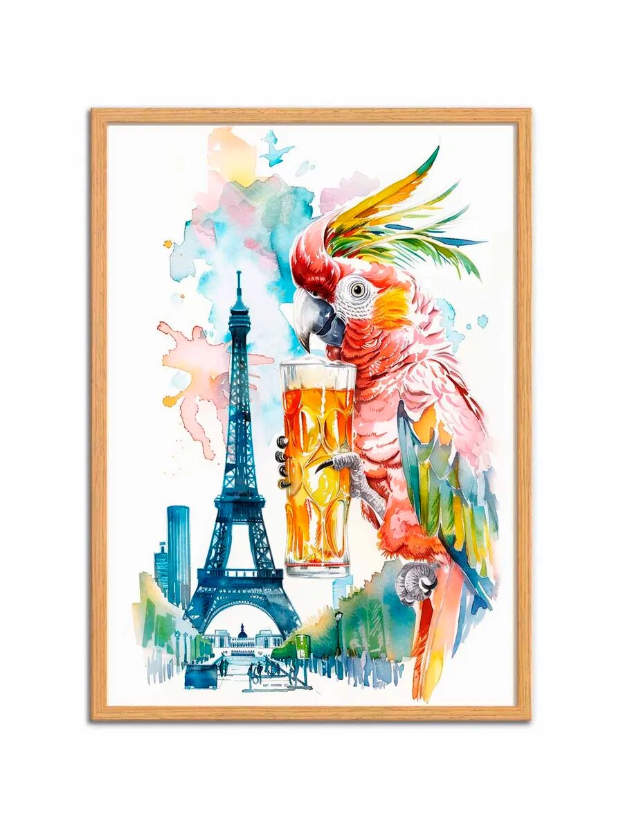 Птица Какаду Пьет пиво 5, Плакат 30x42см