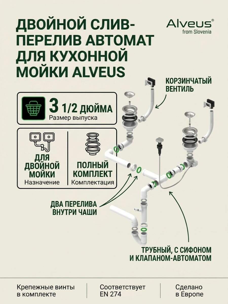 Двойной сифон 3 1/2 для кухонной мойки автомат с двумя переливами Alveus. Сделано в Словении