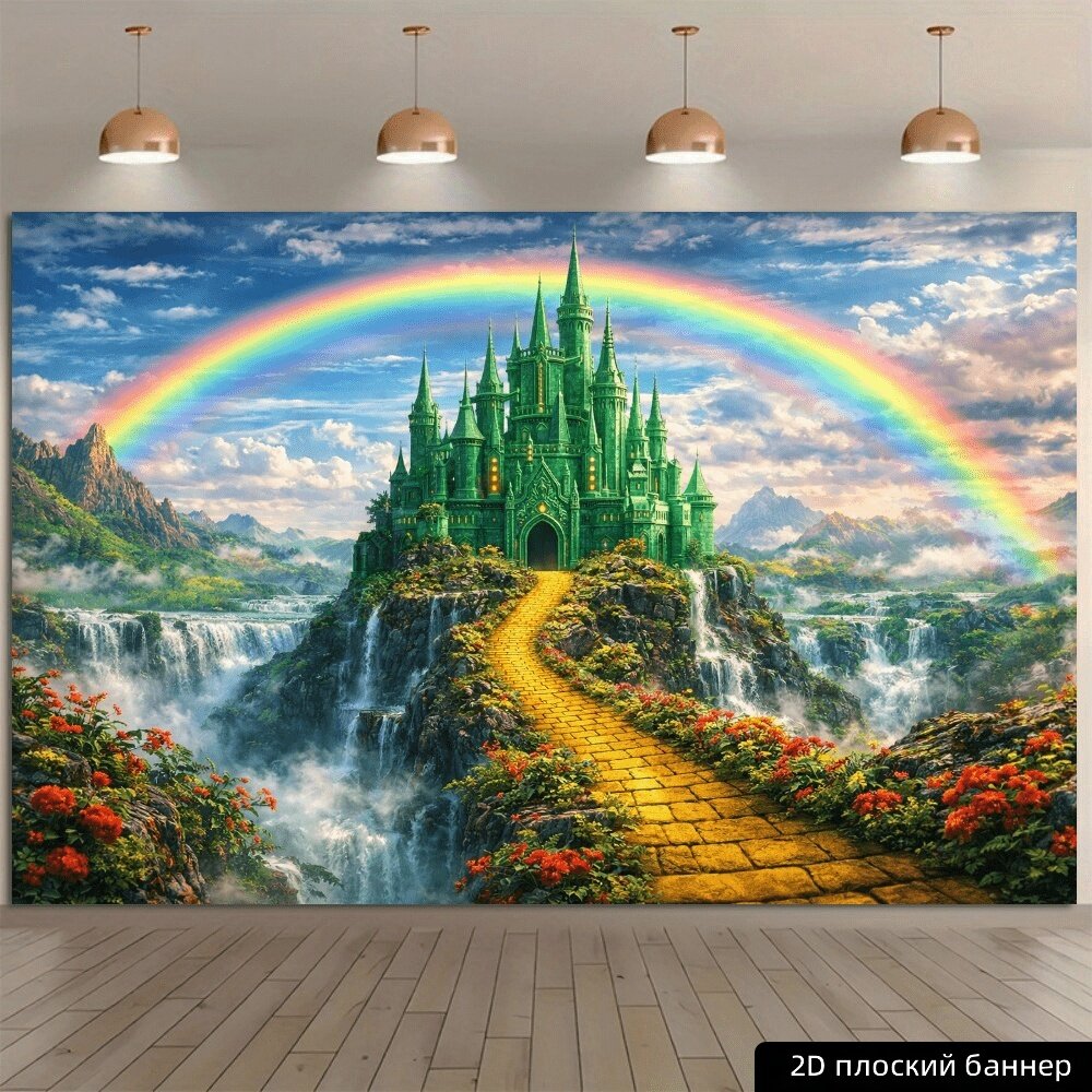 Фон для фотосессии 2D «Изумрудный замок» с многослойным водопадом и золотой кирпичной дорогой, красные маки, горы, для праздников и тематического декора, 150x210 см