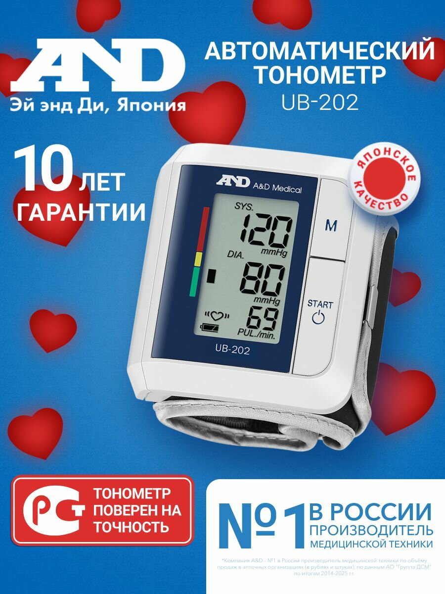 Тонометр автоматический на запястье AND UB-202, манжета 13,5-21,5 см, индикатор аритмии, с чехлом