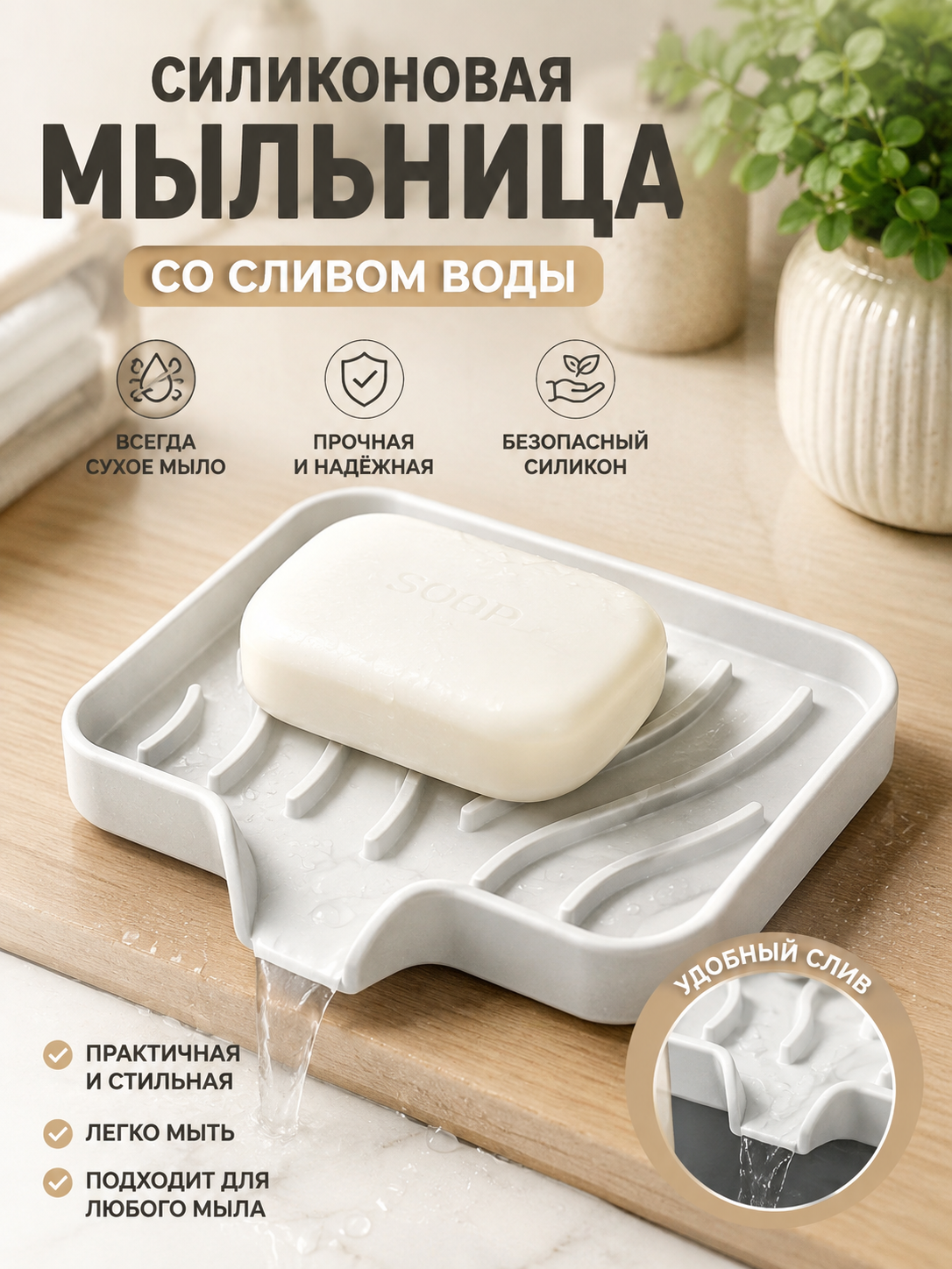 Мыльница, силиконовая, с сливом воды, для ванной и кухни, легко мыть, сухое мыло