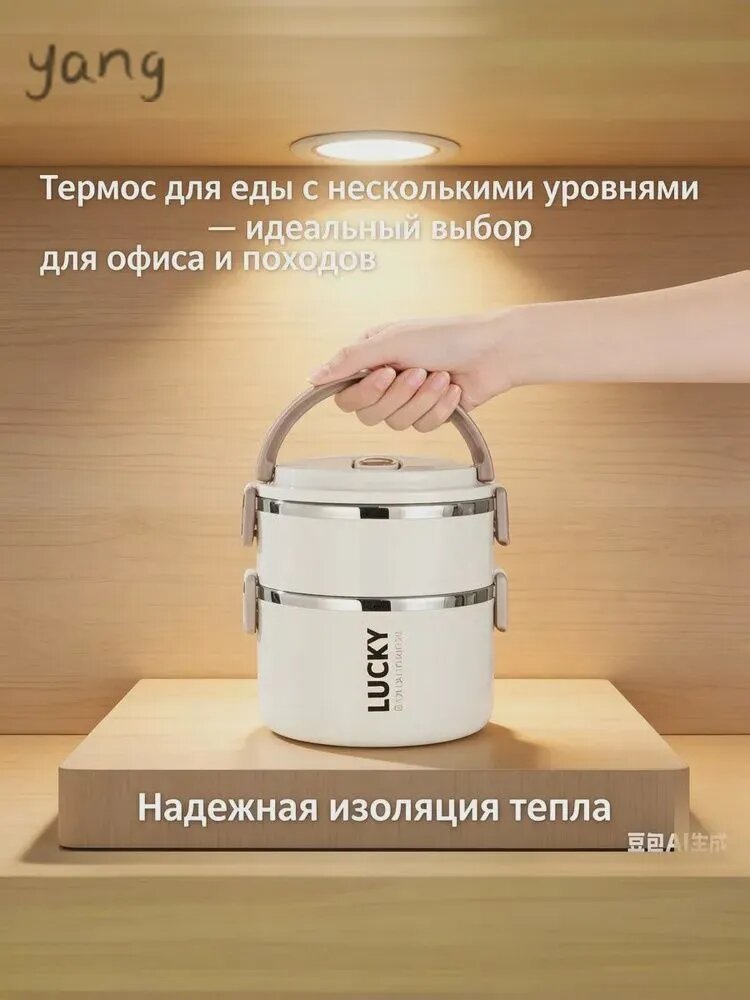 Термос 1.4 л, для еды, с кнопкой, вакуумный, бежевый