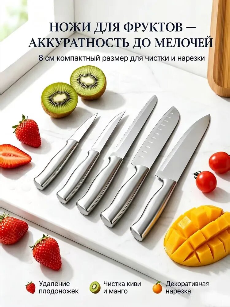 Набор ножей для фруктов и овощей из нержавеющей стали, 5 предметов, компактный 8 см.