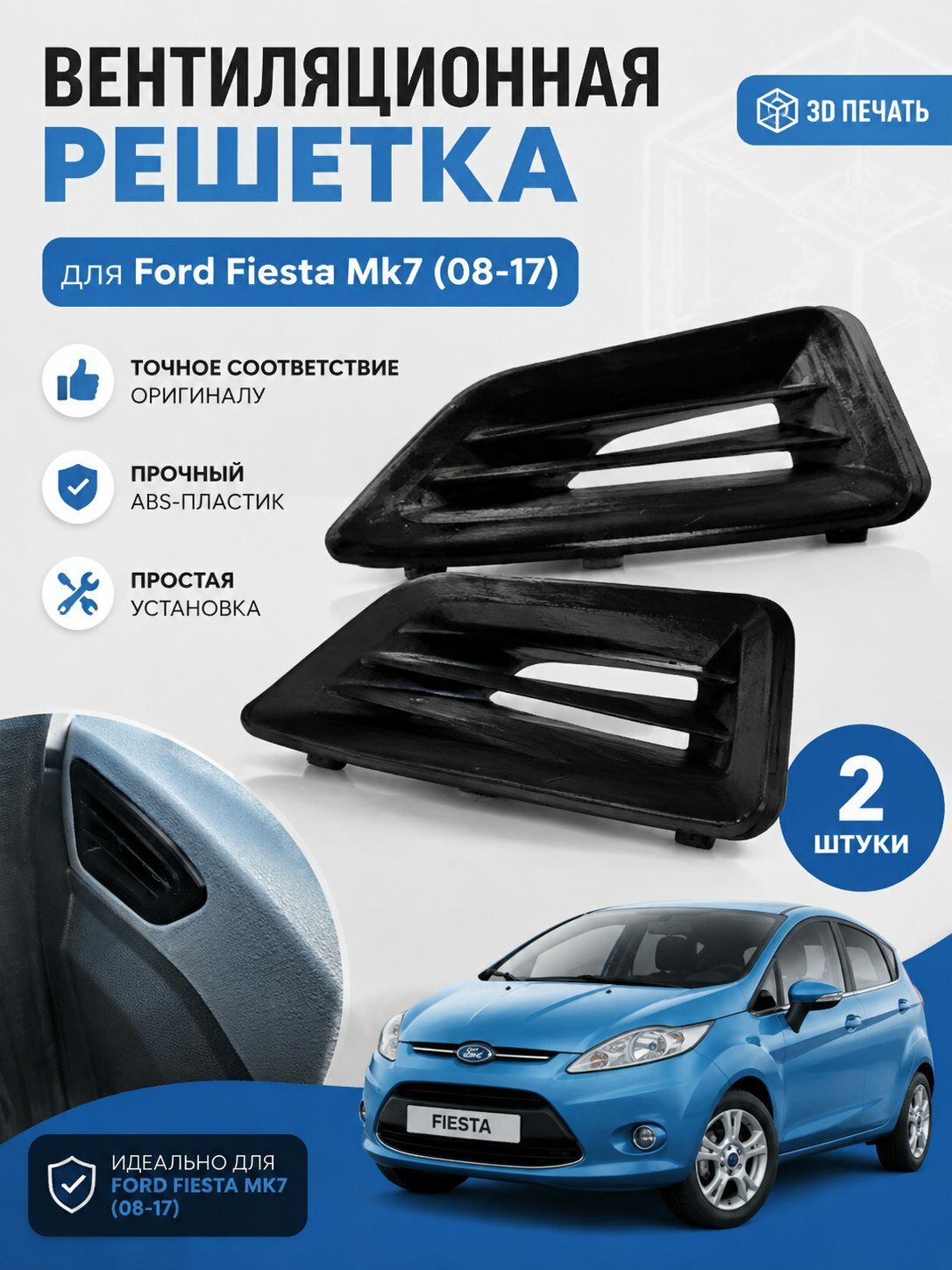 Вентиляционная решетка для Ford Fiesta Mk7 (08-17) 2 штуки