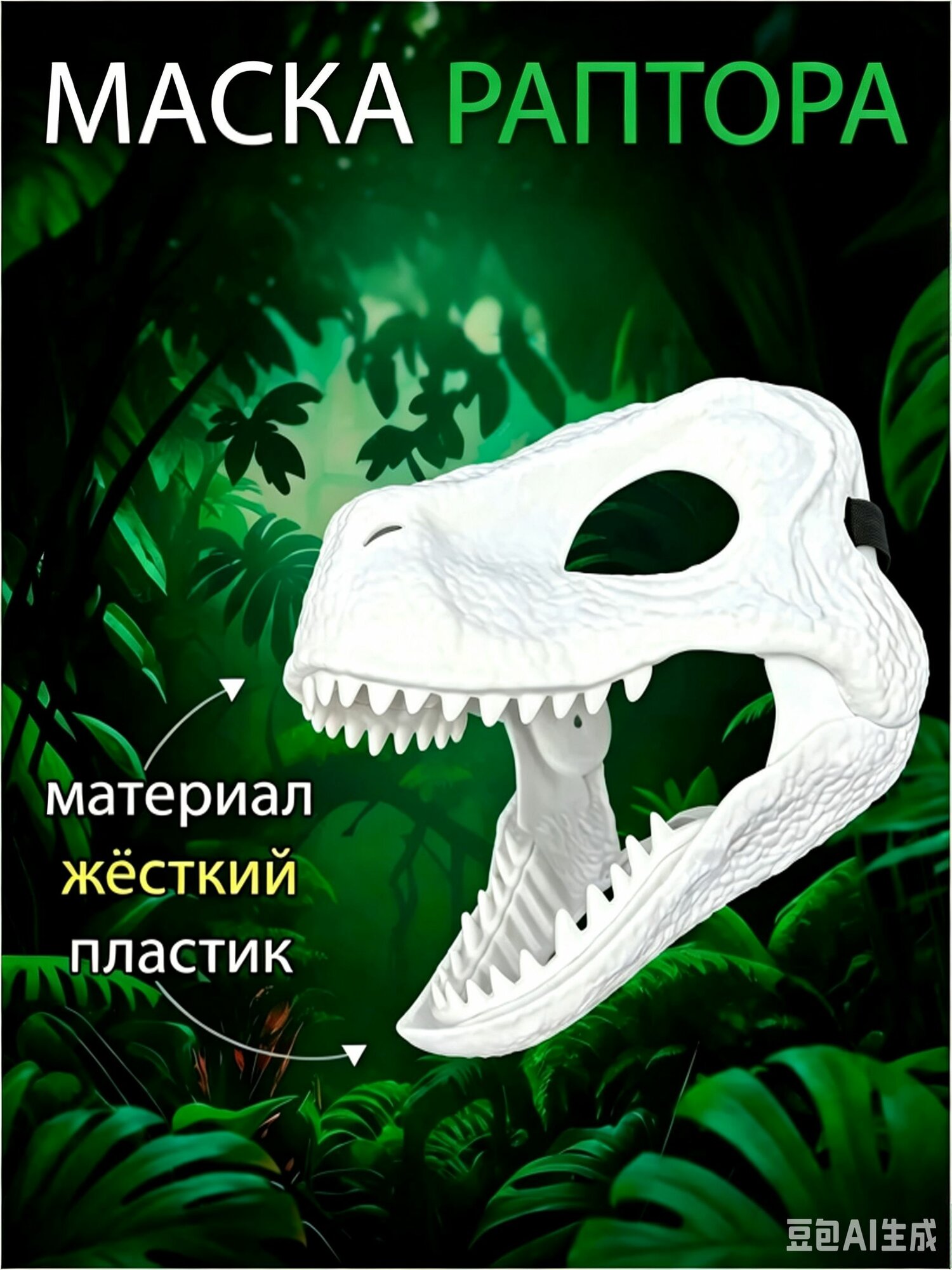 1. Белая маска в виде велоцираптора, премиальная модель. Является основой для изготовления плюшевой одежды; рот подвижен.