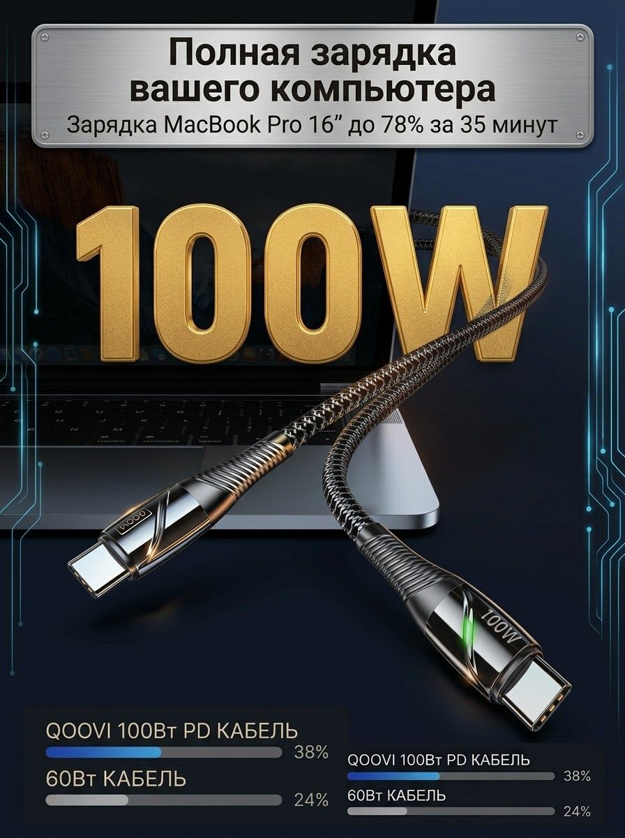 Кабель Type-C Type-C 100W 5A для быстрой зарядки телефона и ноутбука, плетеный провод USB-C на USB-C с чипом E-Marker, 1 м