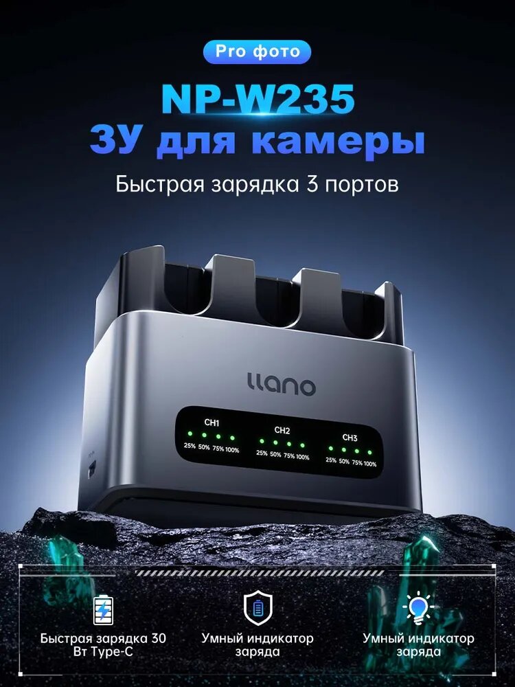 LLANO Тройное зарядное для Fuji NP-W235: 30W быстрая зарядка 3 аккумуляторов за 3ч, защита от перезаряда, для XS20 XT5 XT4 GFX и т. д.