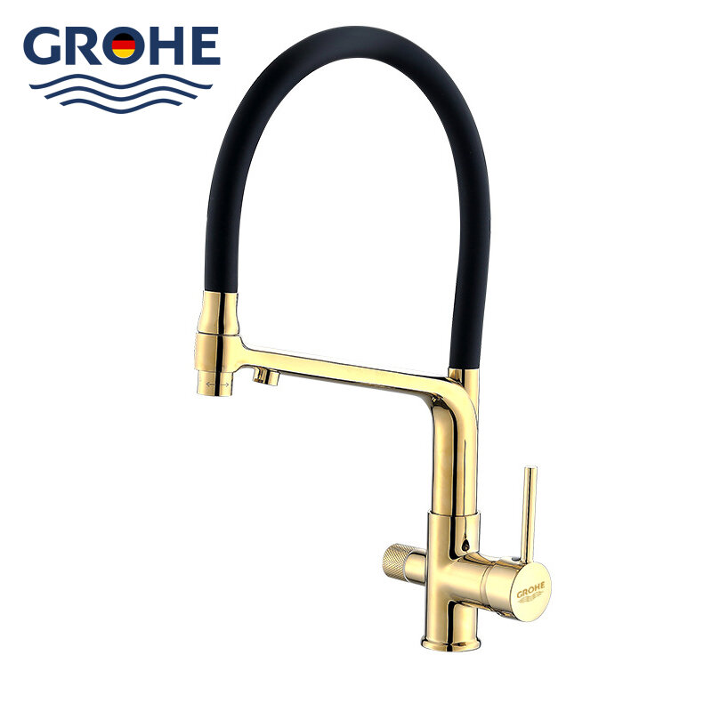 GROHE Смеситель 3-в-1 для кухни с гибким изливом, кран под фильтр для мойки (горячая, холодная, чистая вода) 360°