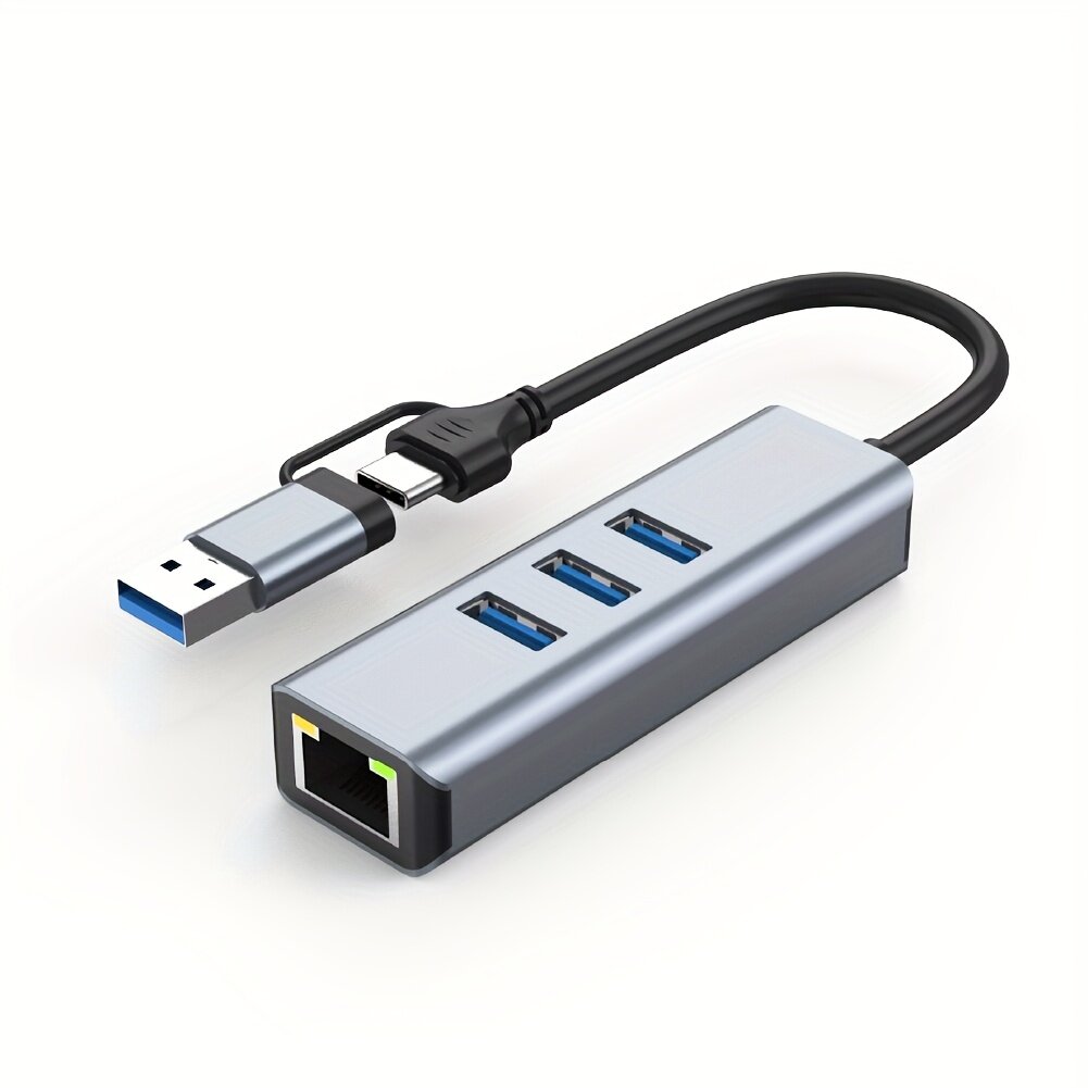 Портативный USB-хаб 4-в-1 с сетевым адаптером RJ45 1000 Мбит/с, тремя портами USB 3.0 и коннектором USB-A/USB-C, скорость передачи данных до 5 Гбит/с для дома или офиса