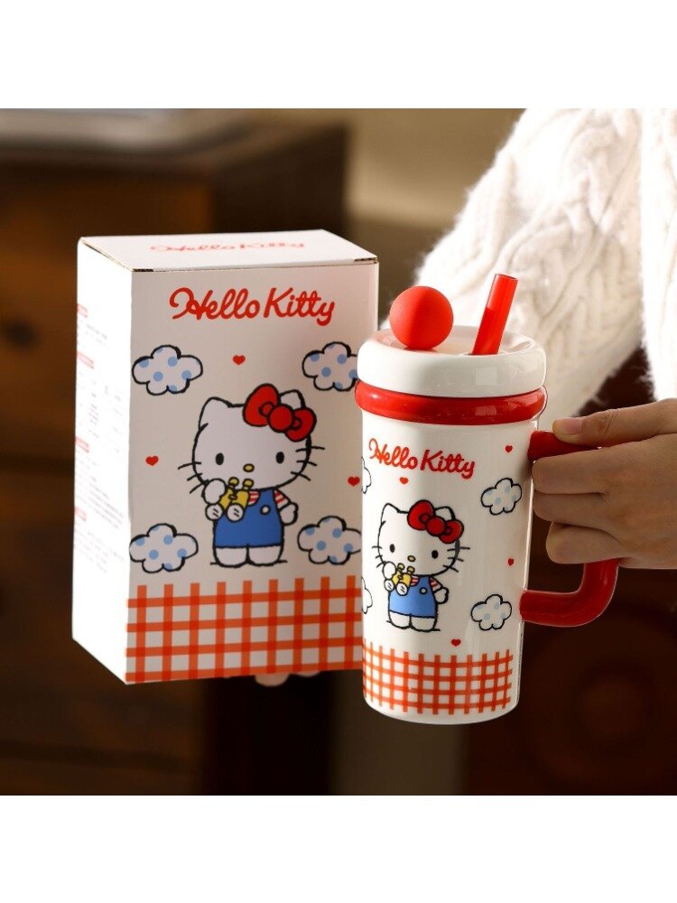 Керамическая кружка Санрио Hello Kitty, Мелоди, Куроми, Синнаморолл, 700 мл с крышкой и соломинкой