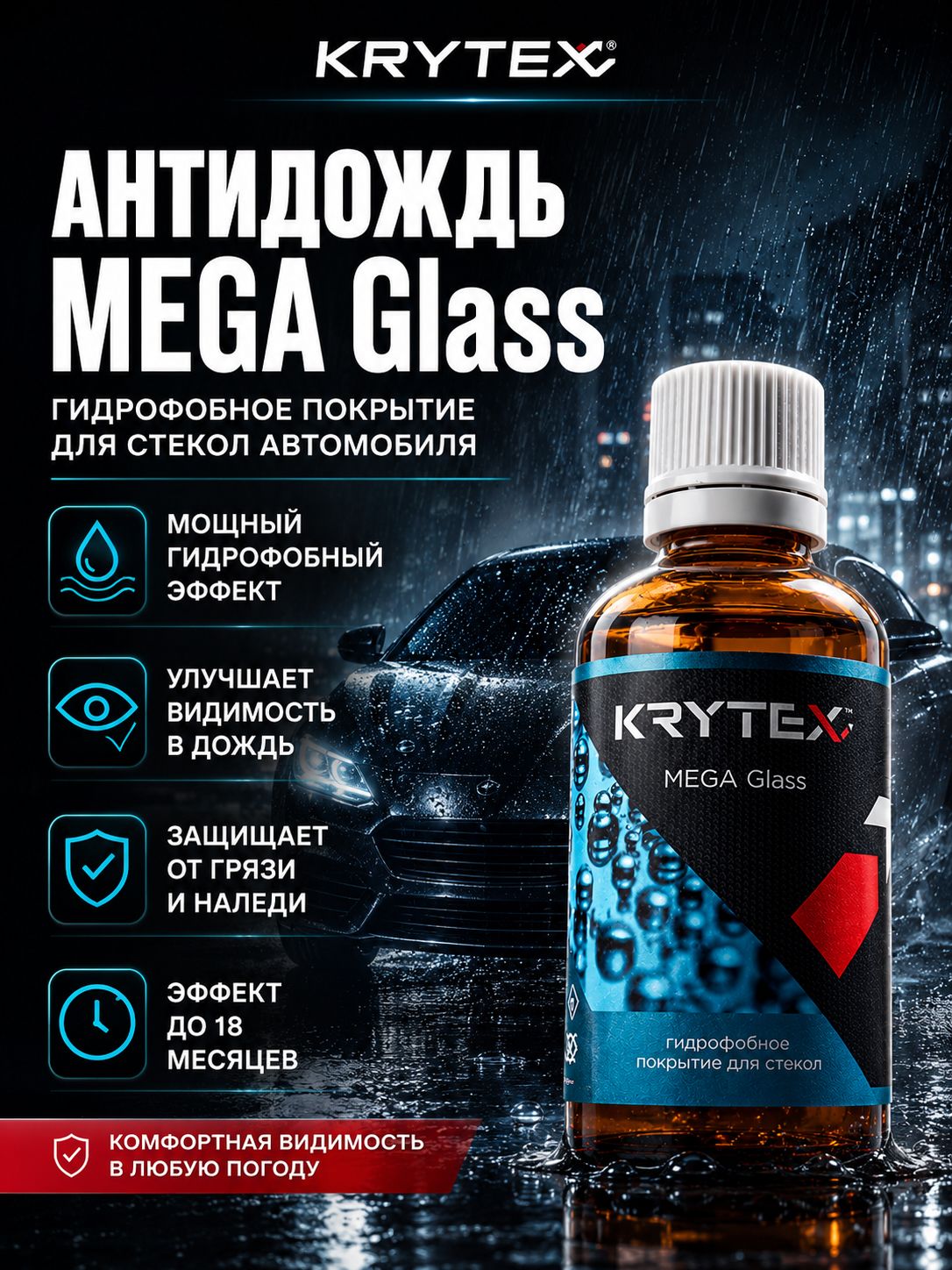 Антидождь KRYTEX MEGA GLASS Гидрофобное покрытие для авто 50 мл.