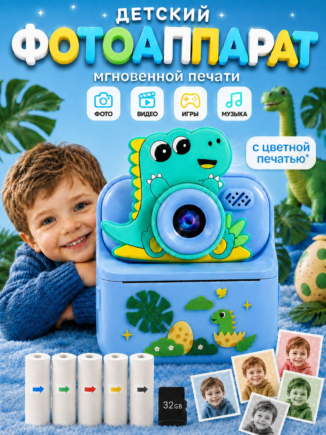 Фотоаппарат детский мгновенной печати цветной цветной