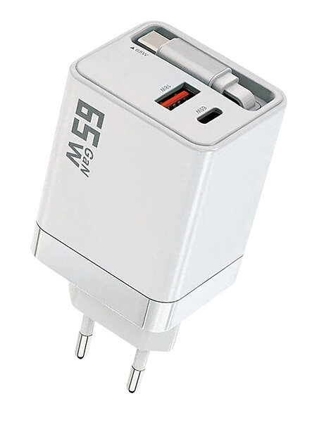 Зарядка для телефона 65Вт (Charger 0090), USB-A QC4 + 2 USB Type-C PD (один встр, кабель), цвет белый