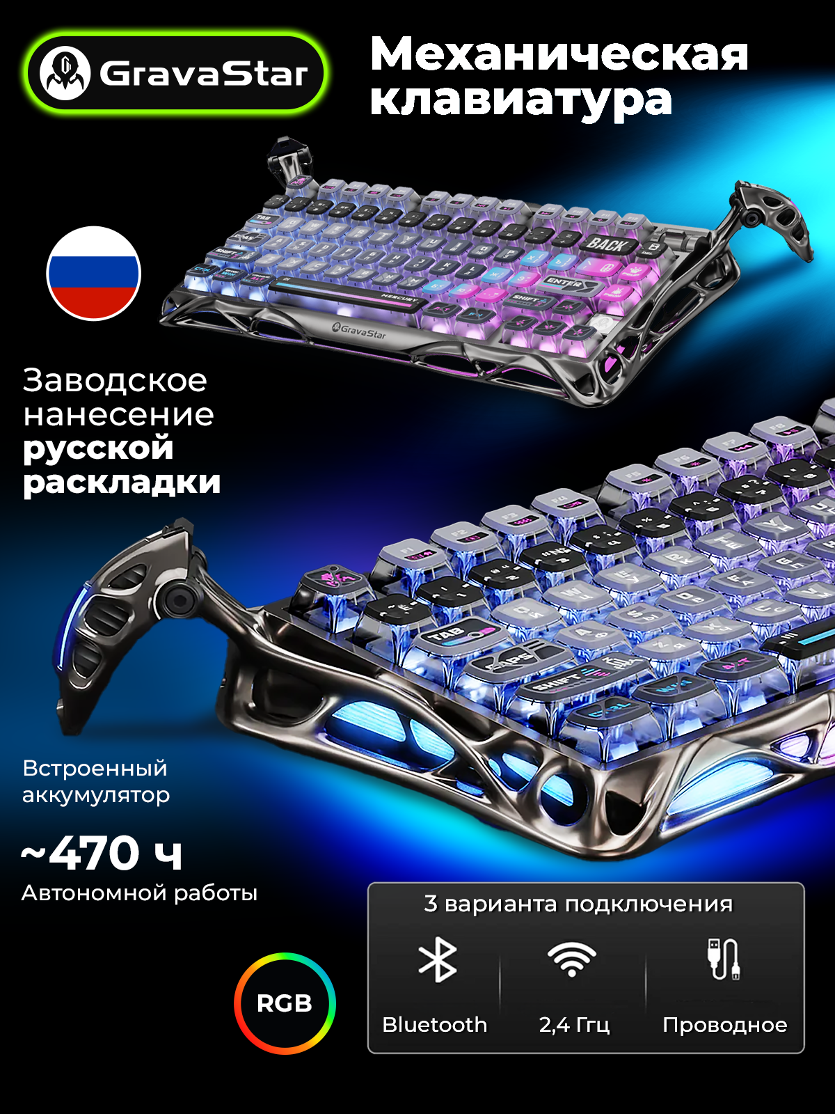 Клавиатура Gravastar Mercury K1 Pro СBLK RU, 3 вида подключения: Bluetooth, 2,4 ГГц, USB, RGB подсветка