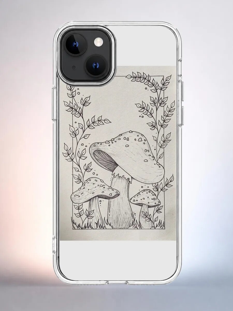 Чехол iPhone 13 грибы в рамке из листьев силиконовый