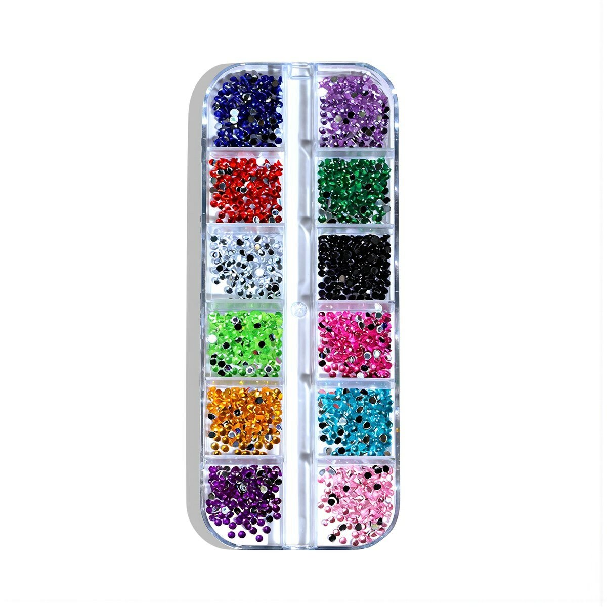 Набор акриловых плоских страз для маникюра 12 цветов размер 1.5 мм для декоративного оформления ногтей, Набор 12 цветов, прямоугольная упаковка, размер 2 мм