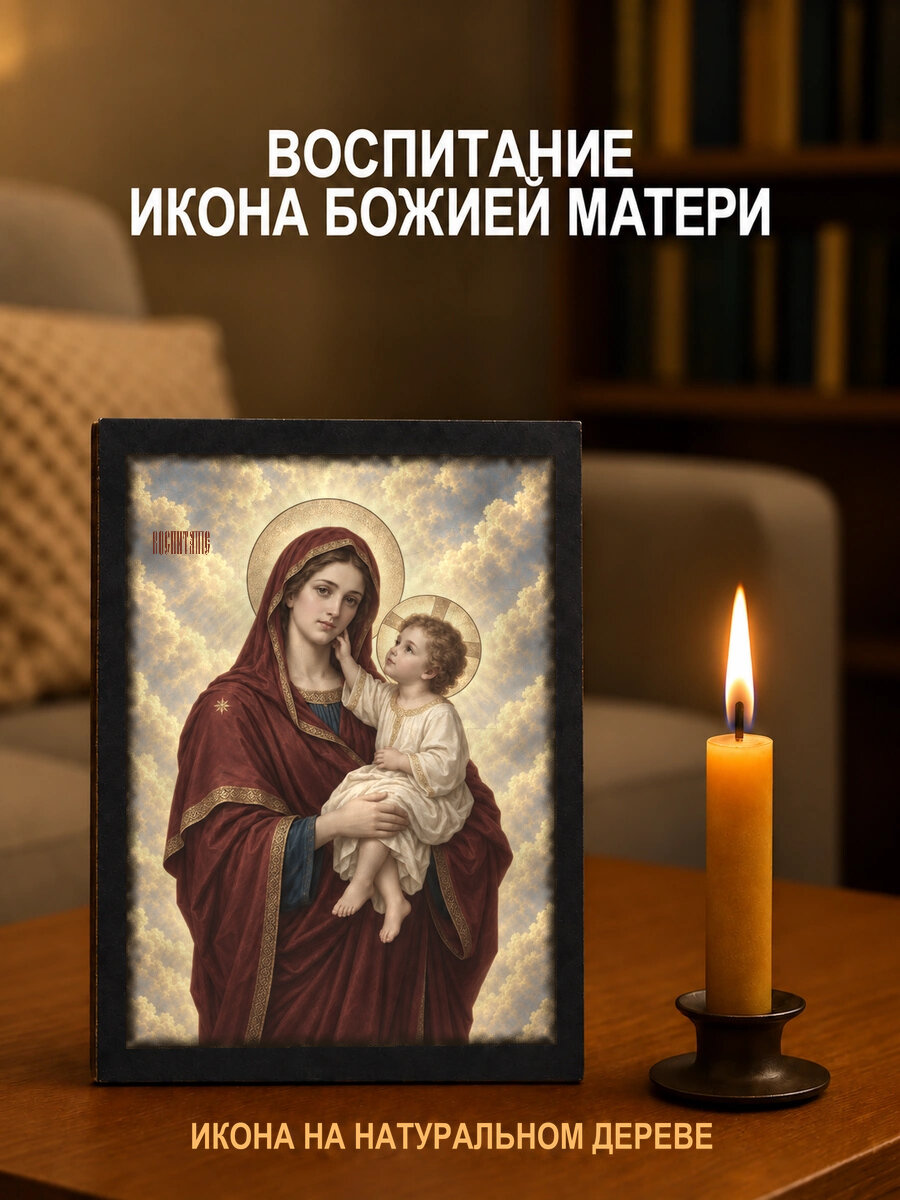 Икона «Воспитание икона Божией Матери» на натуральном дереве, 15×18 см, храмовая живопись, потёртое золото