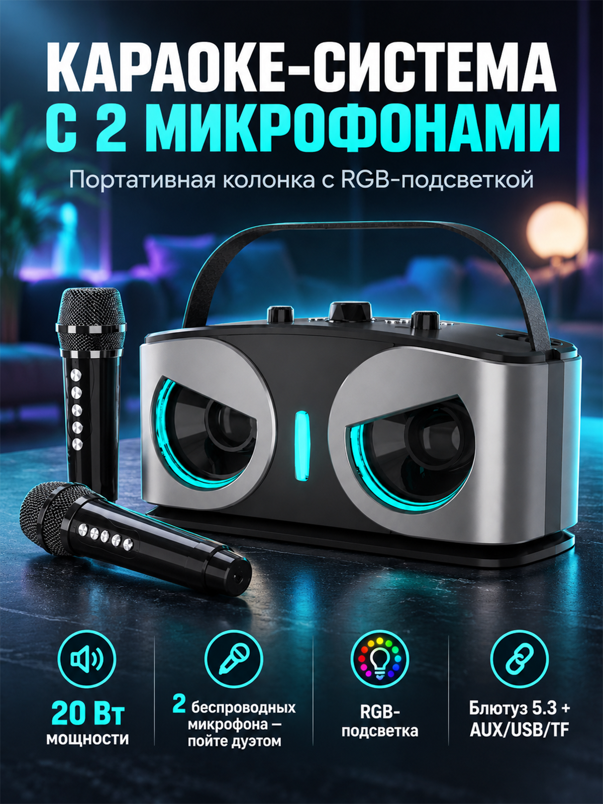 Микрофонами Караоке-система с колонкой и 2 беспроводными микрофонами, портативная Bluetooth-колонка для дома, вечеринок и подарка