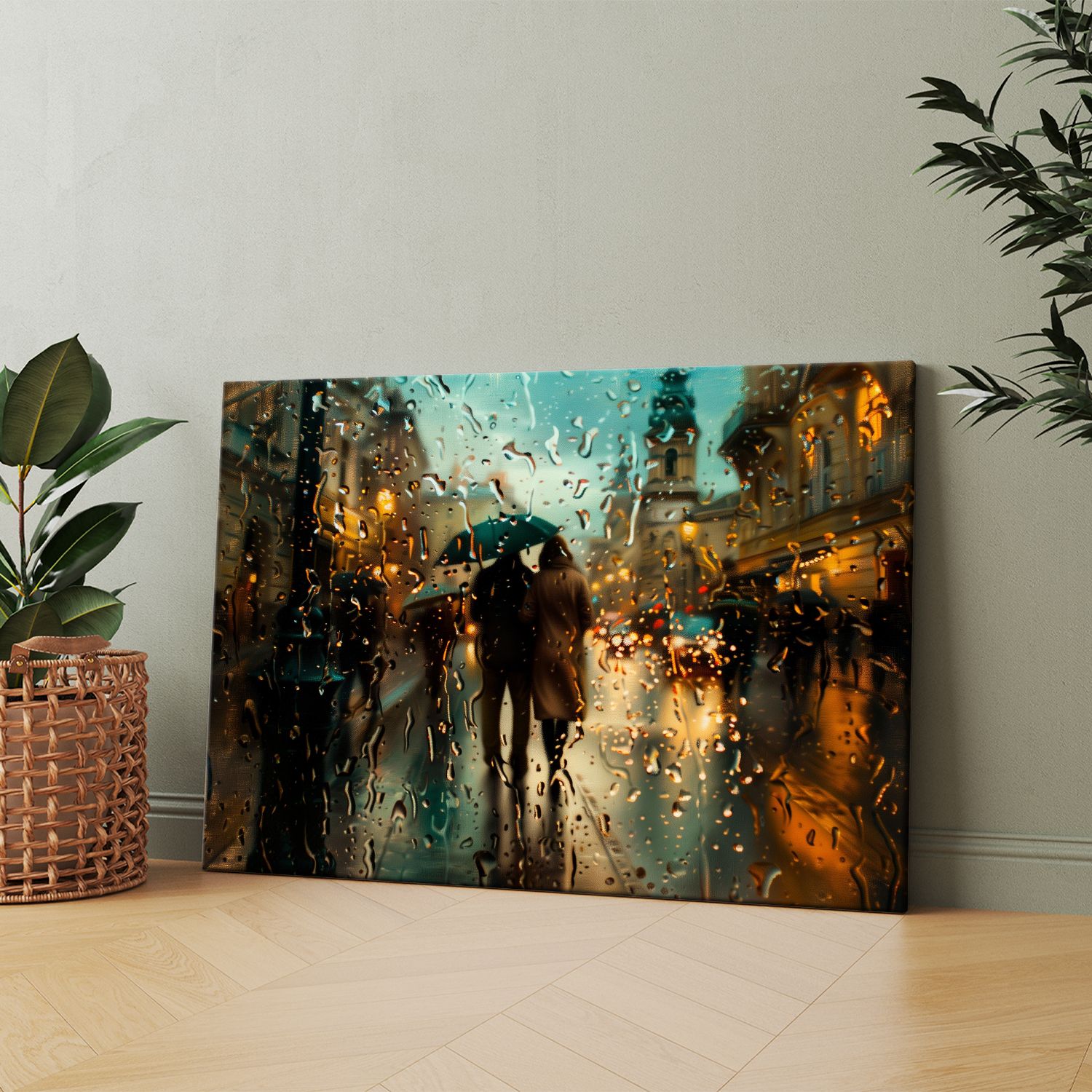 Картина на холсте (Вид из мокрого окна на дождливый город) 30x40 см. Интерьерная, на стену.