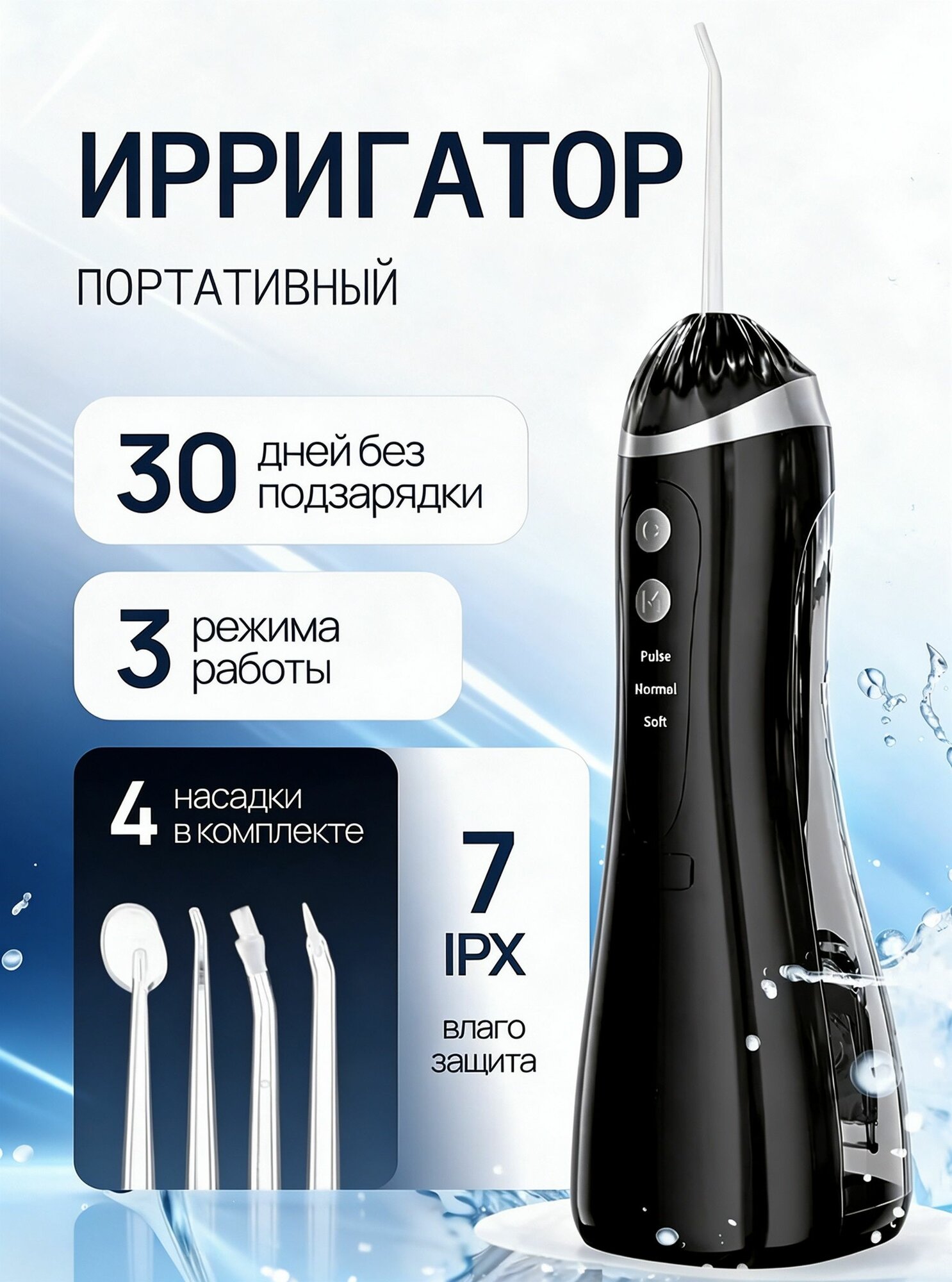 Ирригатор для зубов портативный 4 насадки