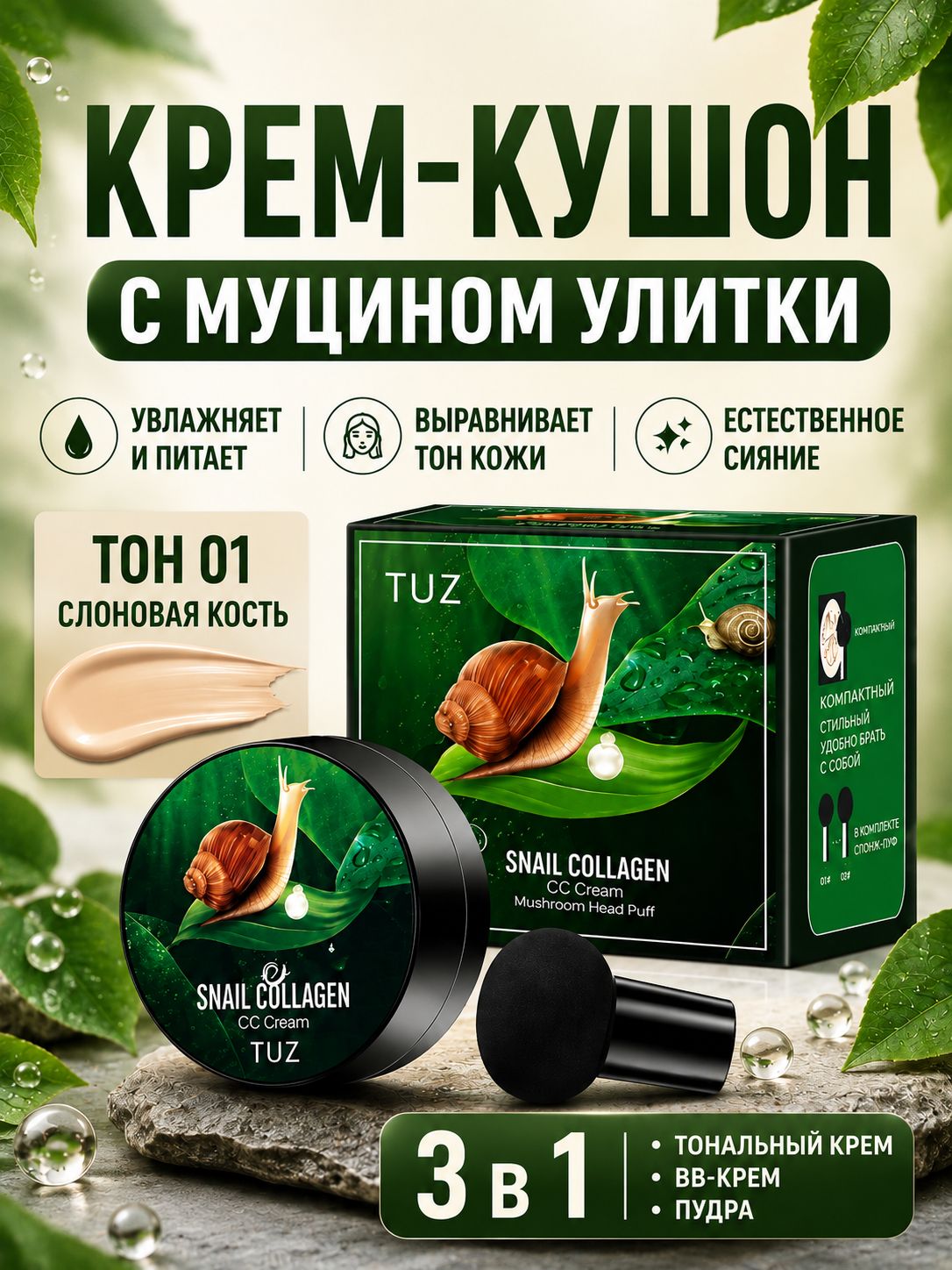Кушон с муцином улитки для лица со спонжем тон 01 Тональное средство TUZ